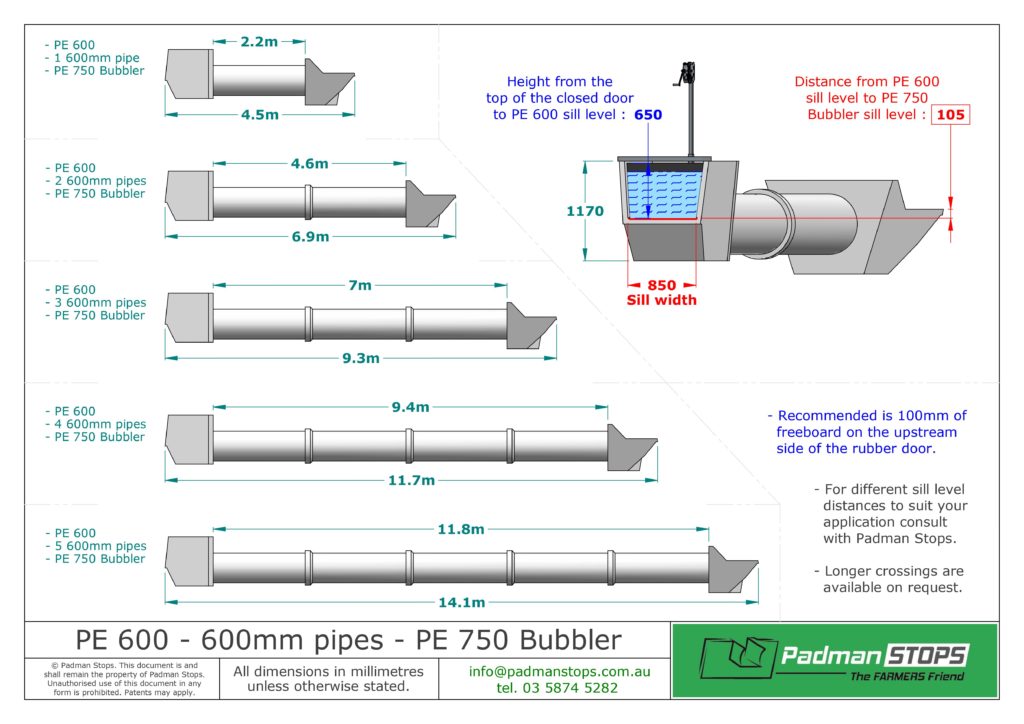 PE 600 plus 600 pipes plus 750 bubbler - Padman Stops